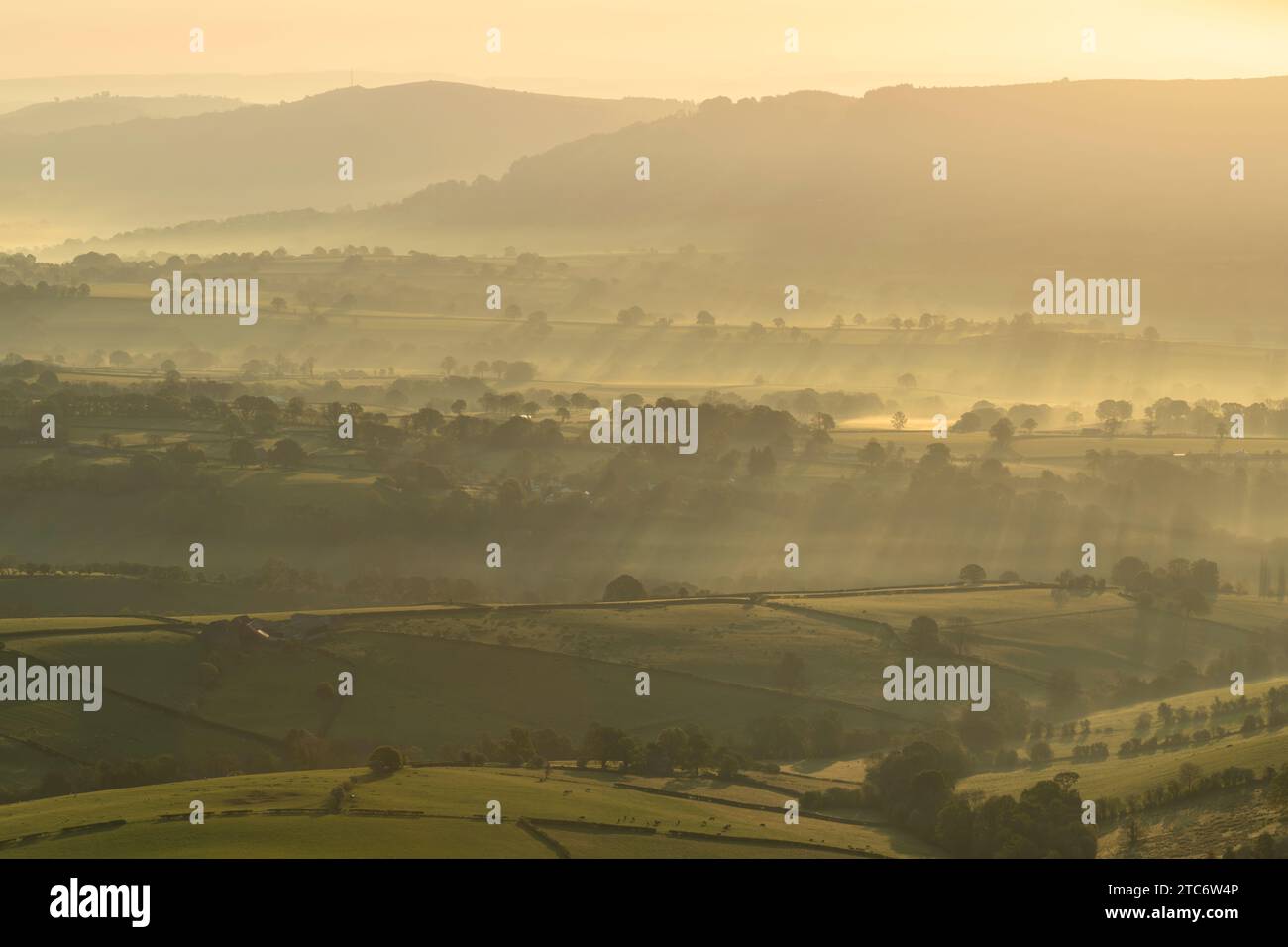 Beautiful morning sunlight on the rolling green fields of Bannau ...