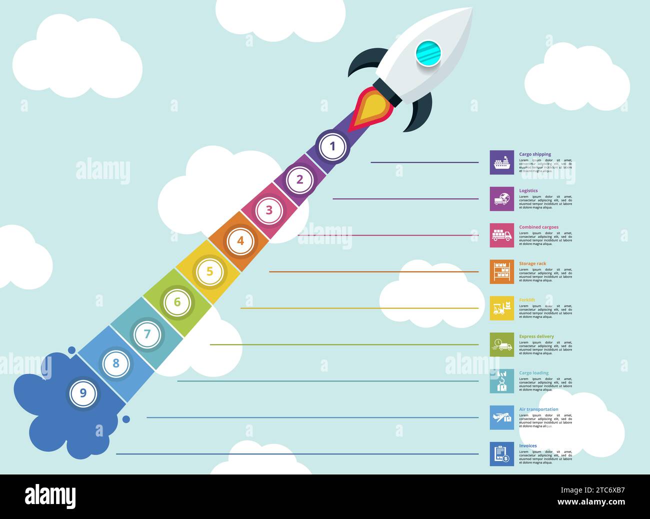 Infographics with Cargo theme icons, 10 steps. Such as cargo shipping ...