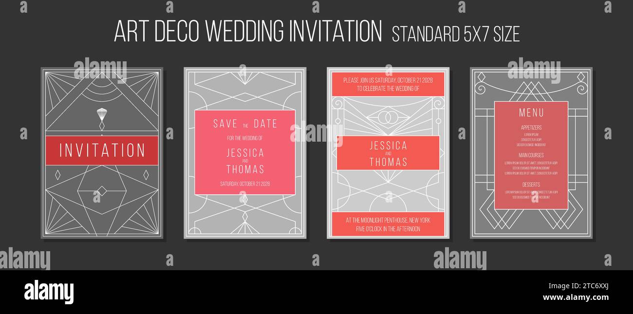 Luxury grand style wedding invitation set. Red, silver and grey modern ...