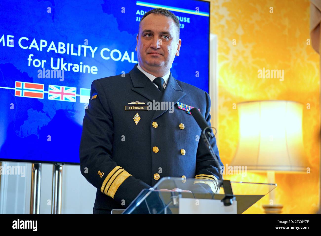 Commander of the Ukrainian Navy, Vice Admiral Oleksiy Neizhpapa, speaks during a press ...