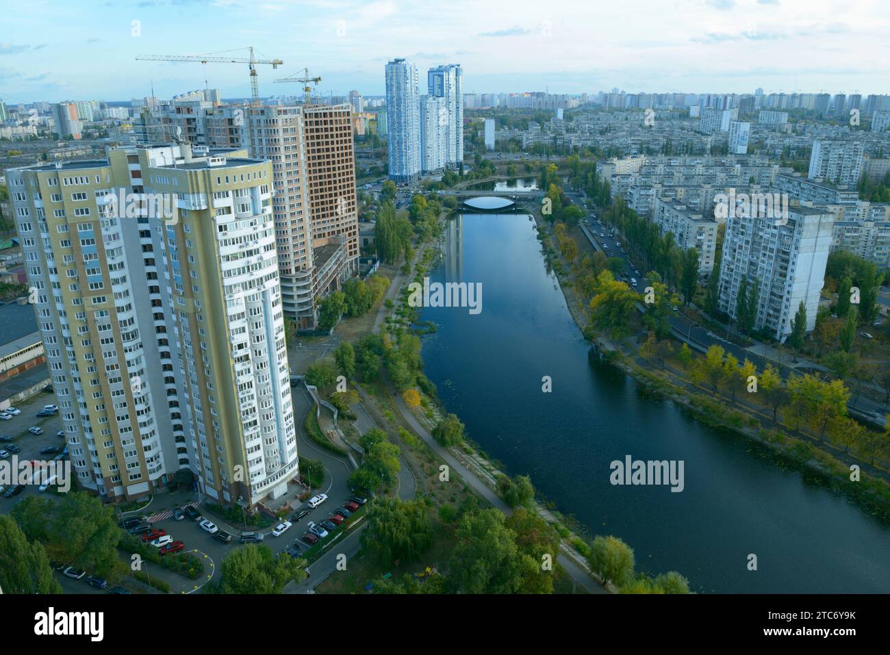 View of Rusanivskyi canal, parks, high-rise buildings, cityscape ...