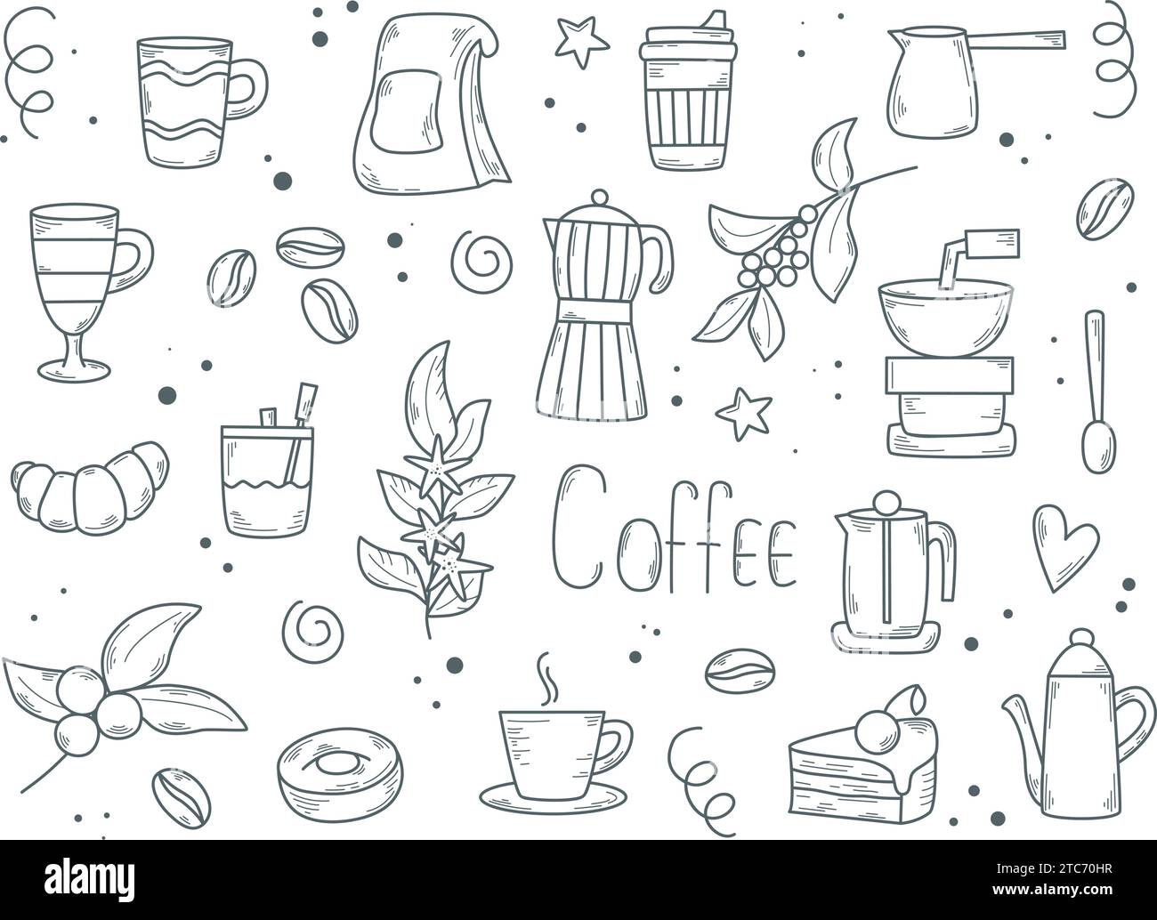 Coffee doodle sketch style set. Hand drawn coffee collection - cup ...