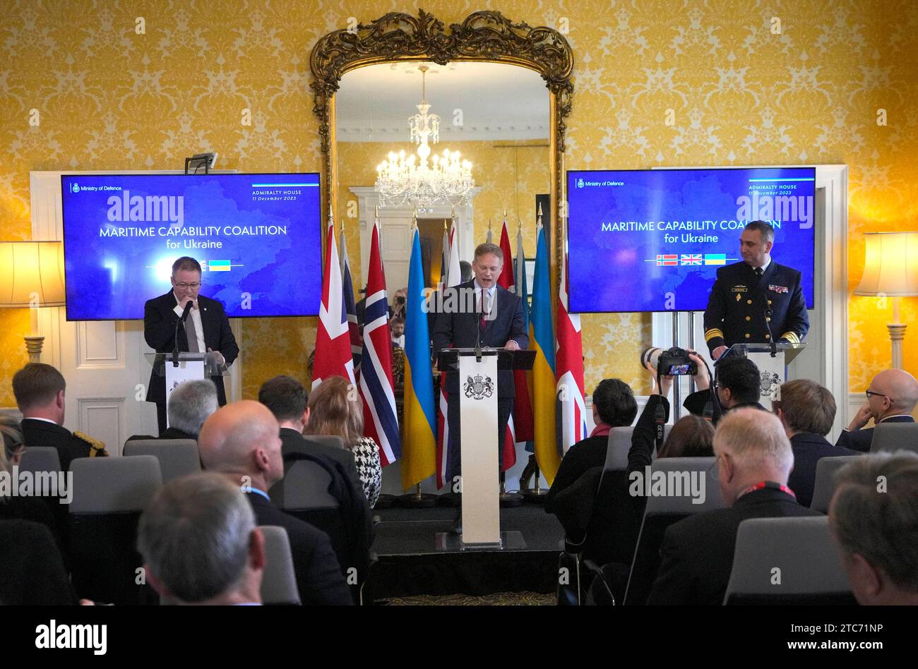 Britain's Defence Secretary Grant Shapps, centre, speaks, during a press conference with Norway ...
