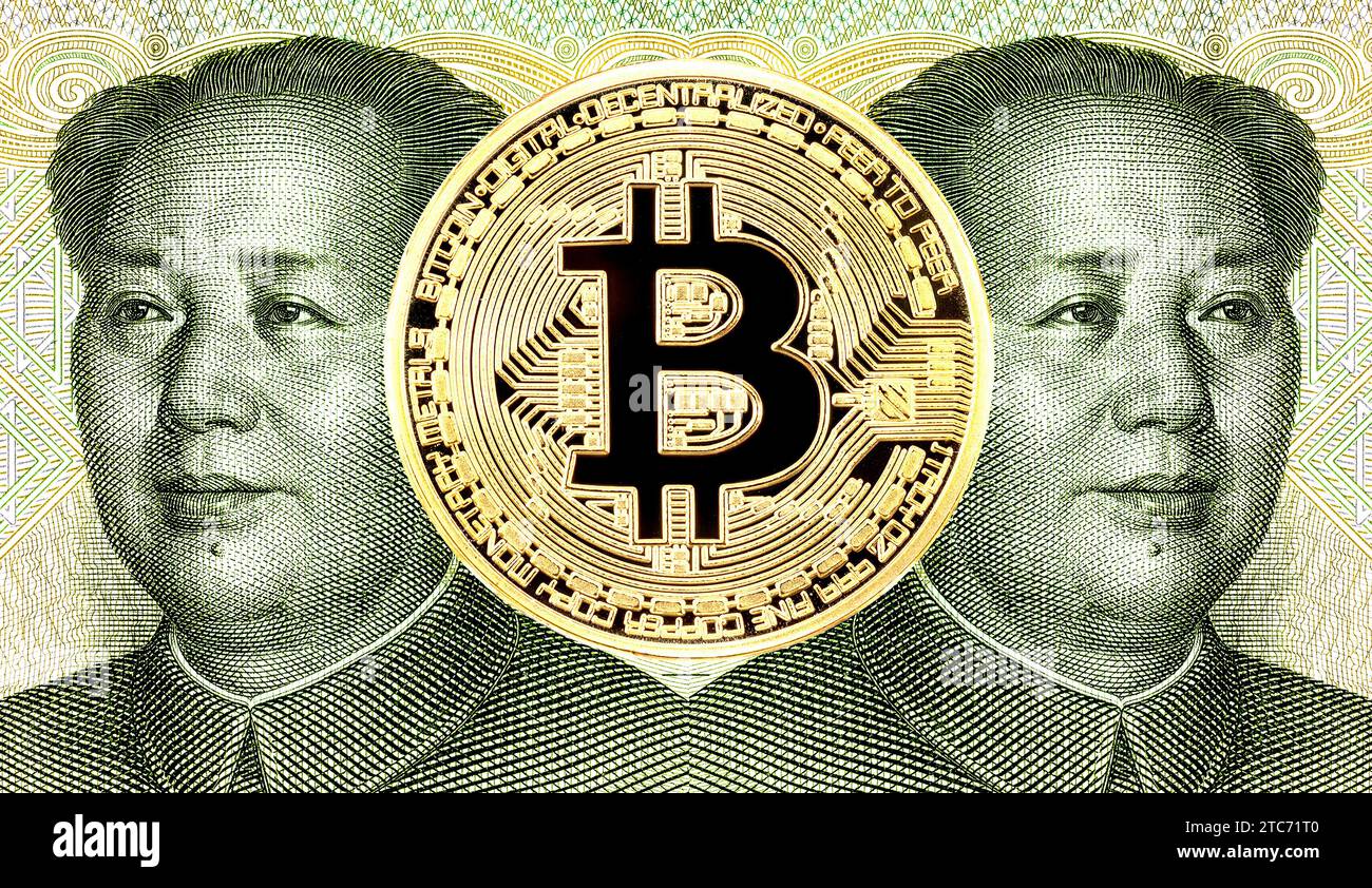 Golden Bitcoin and double Mao Zedong portrait from one Chinese Yuan ...