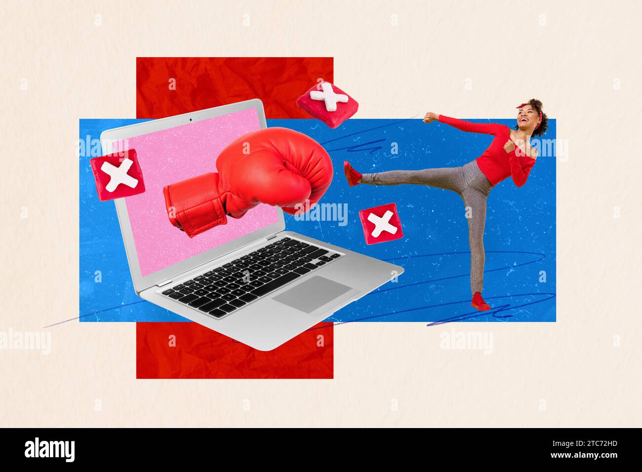 Horizontal creative photo collage of young sporty woman female training ...