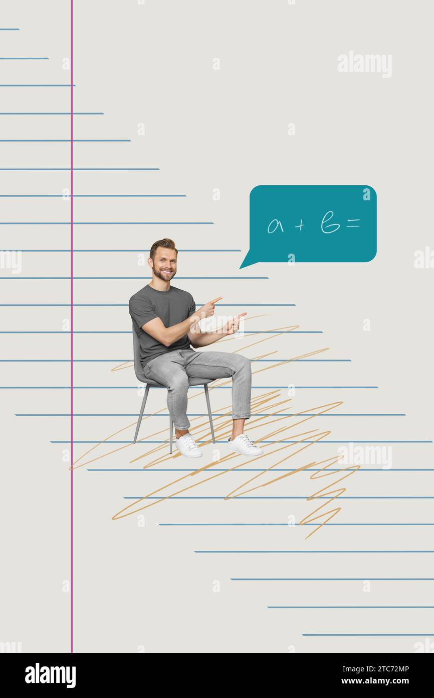 Collage image picture of cheerful handsome man sitting chair showing ...