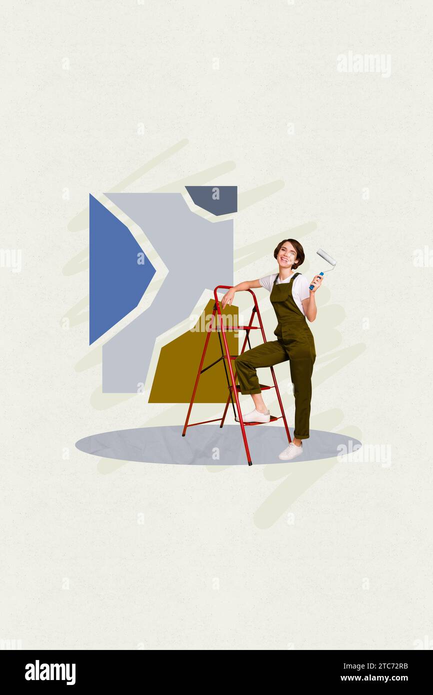 Collage sketch artwork of cheerful professional woman painter drawing ...