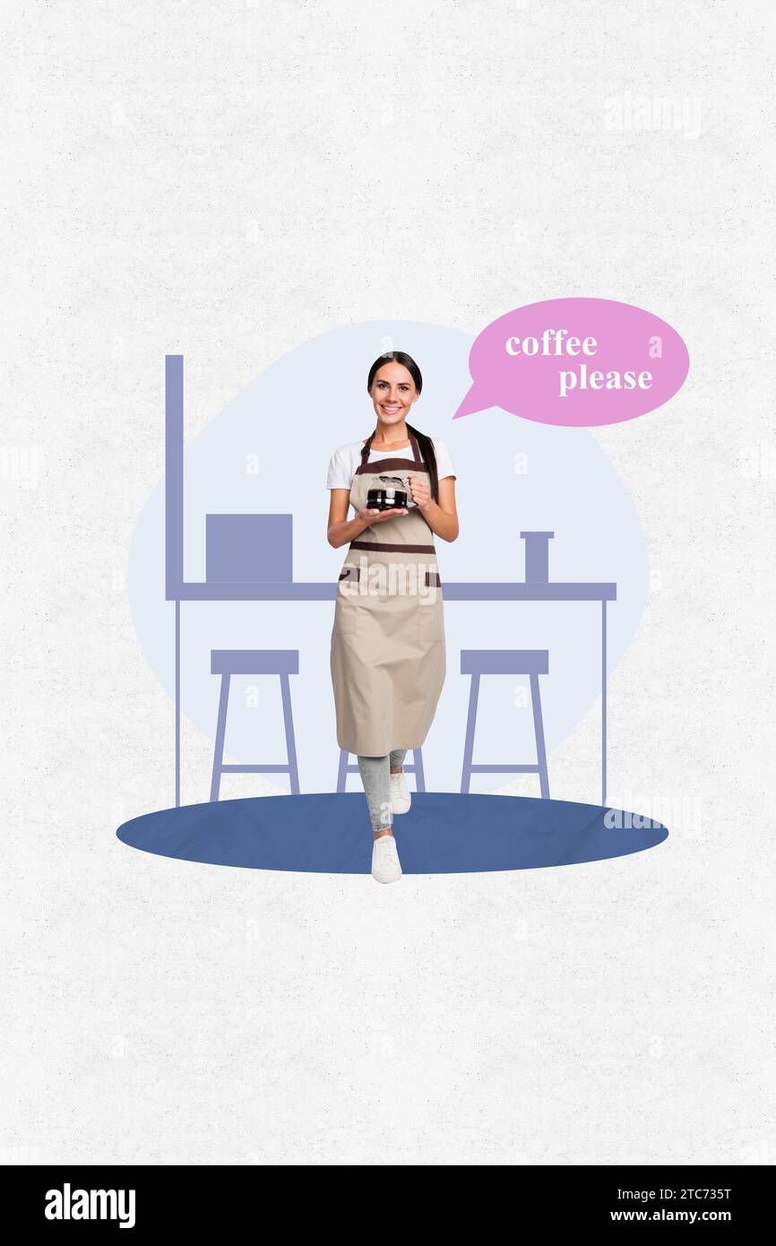 Collage poster artwork of charming happy girl waiter carrying order ...