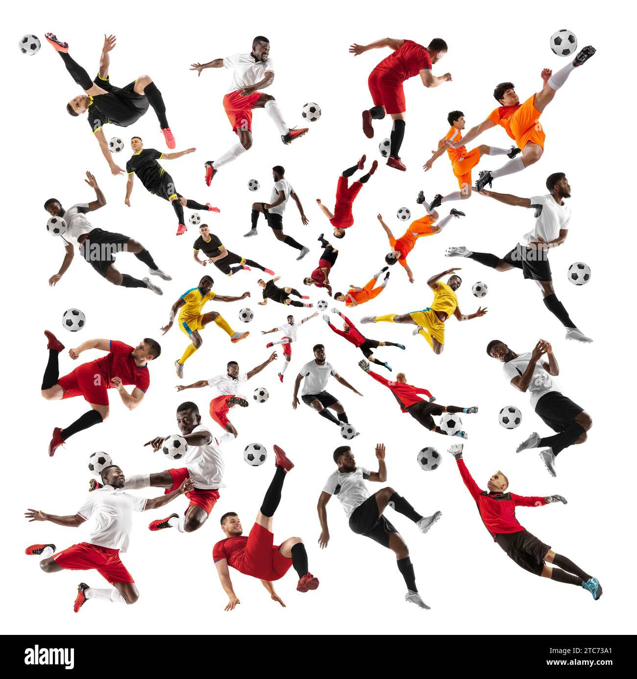 Different young men, football players in motion with ball during game ...