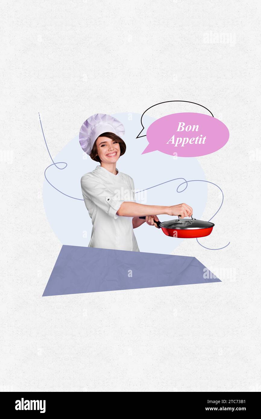 Collage image artwork of cheerful charming woman serving fried dish say ...