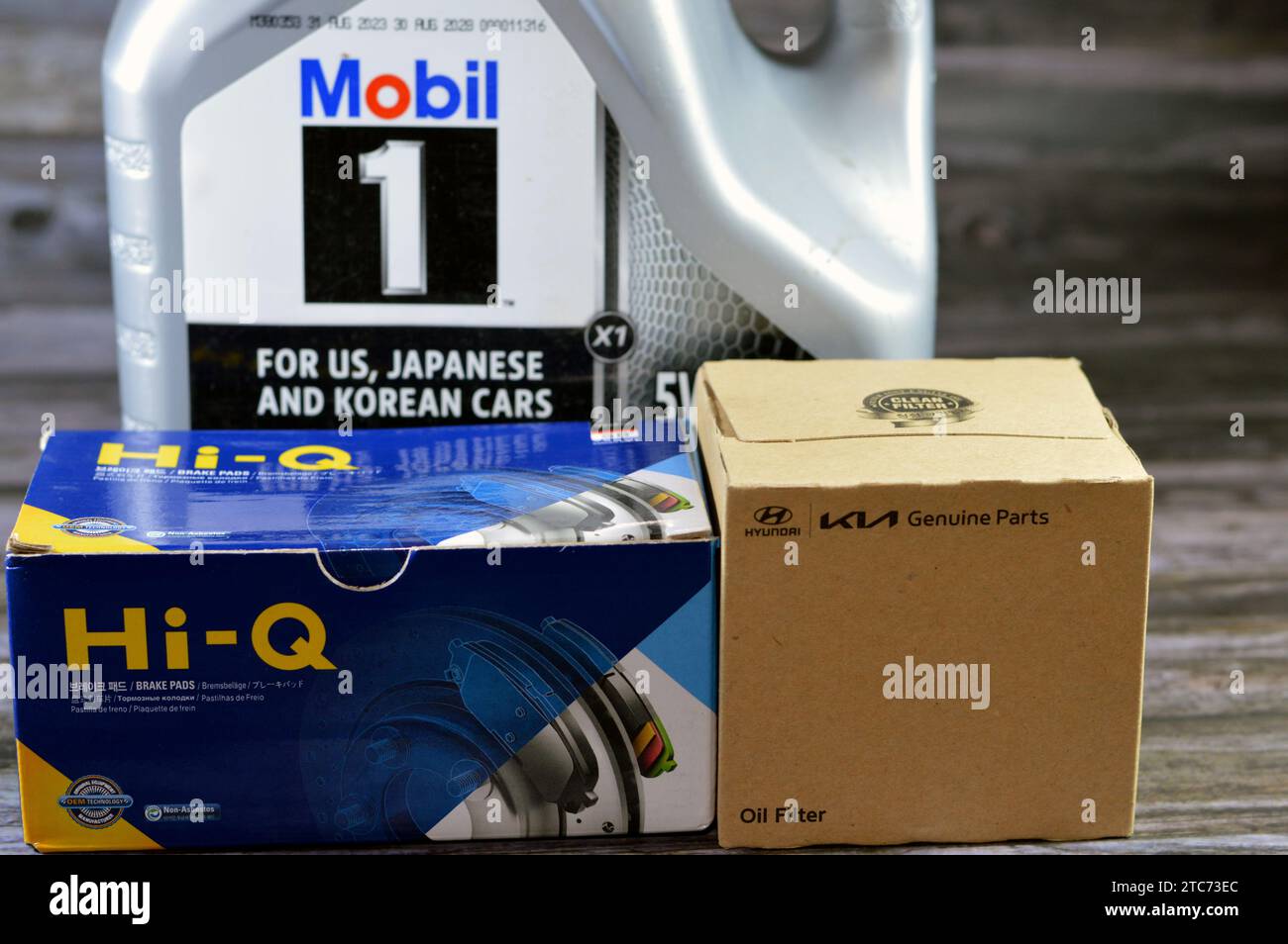 Cairo, Egypt, November 29 2023: Mobil one engine oil and KIA and ...