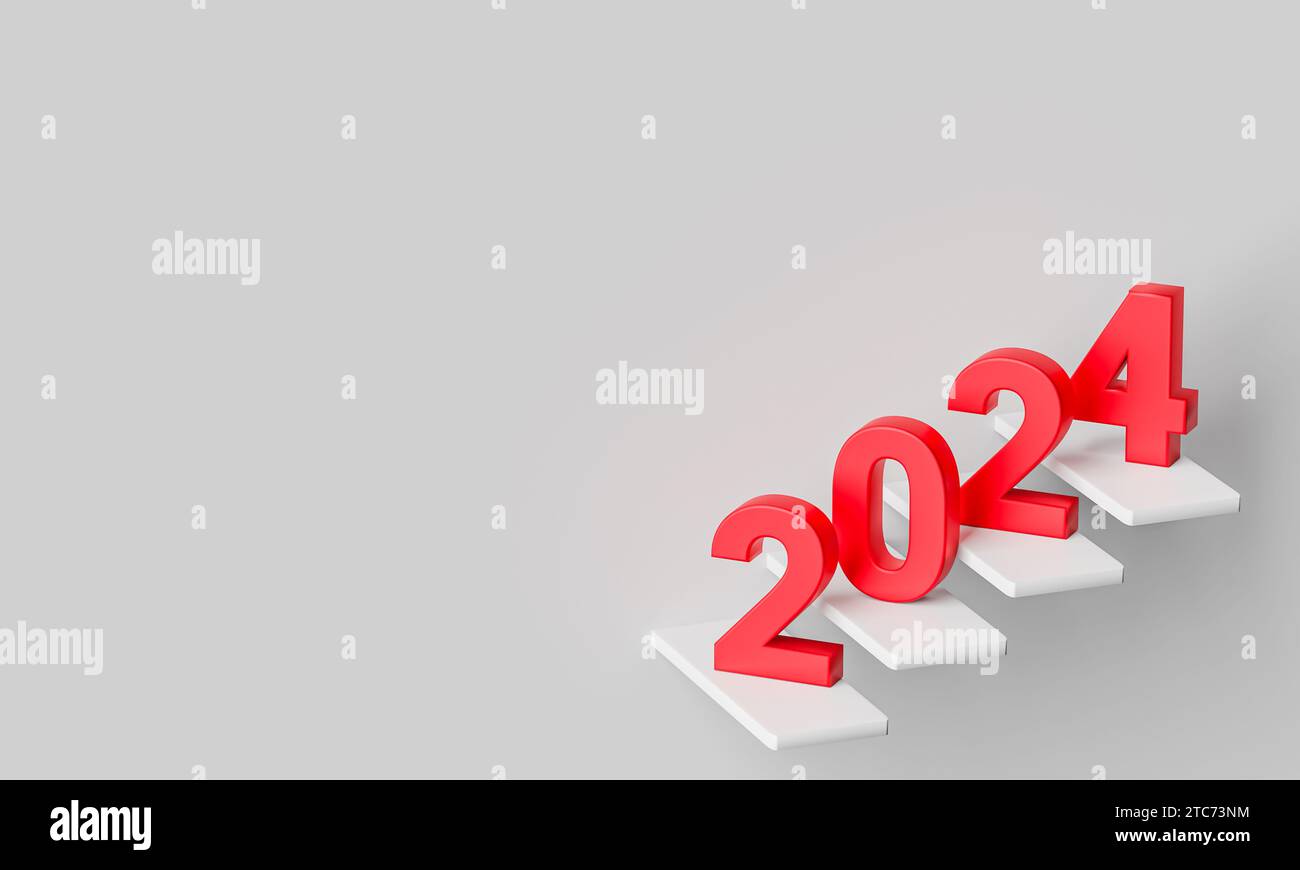 New year concepts. Red number 2024 on steps with blank empty copy space ...