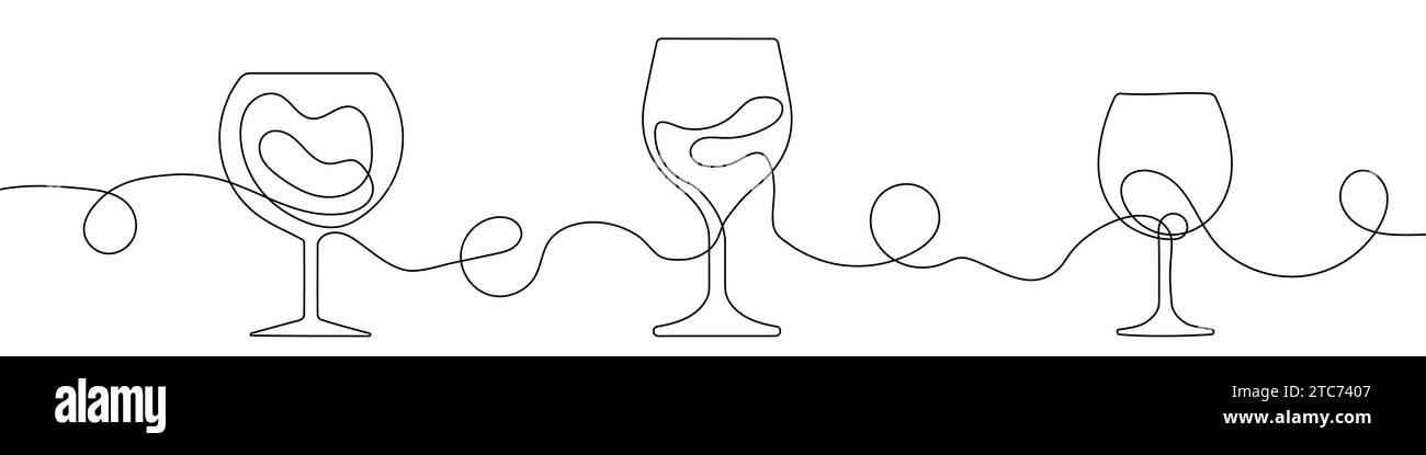 Continuous line drawing of wine glass. One line drawing background ...