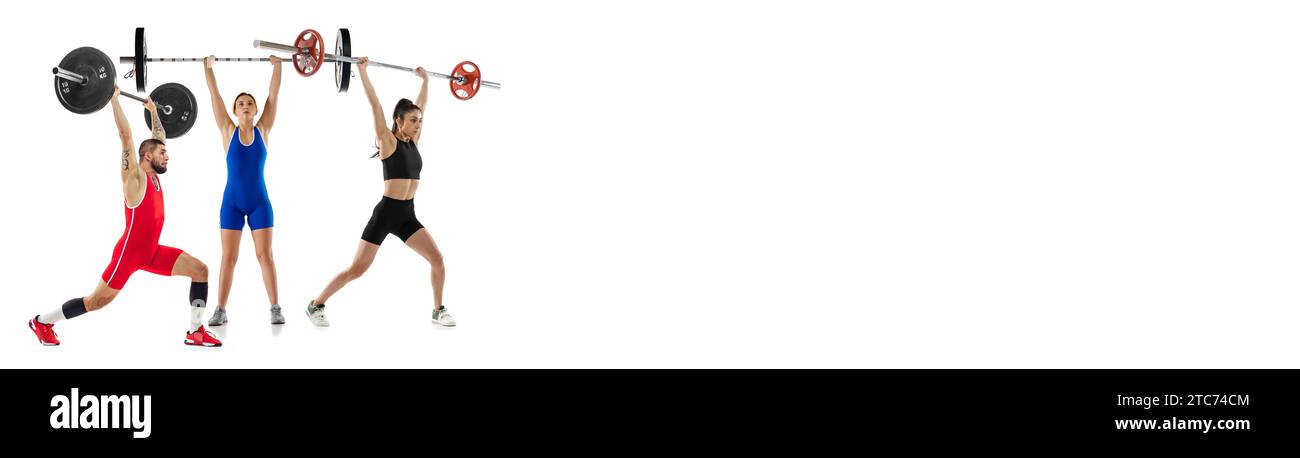 Young people, men and women lifting heavy barbells, training isolated ...