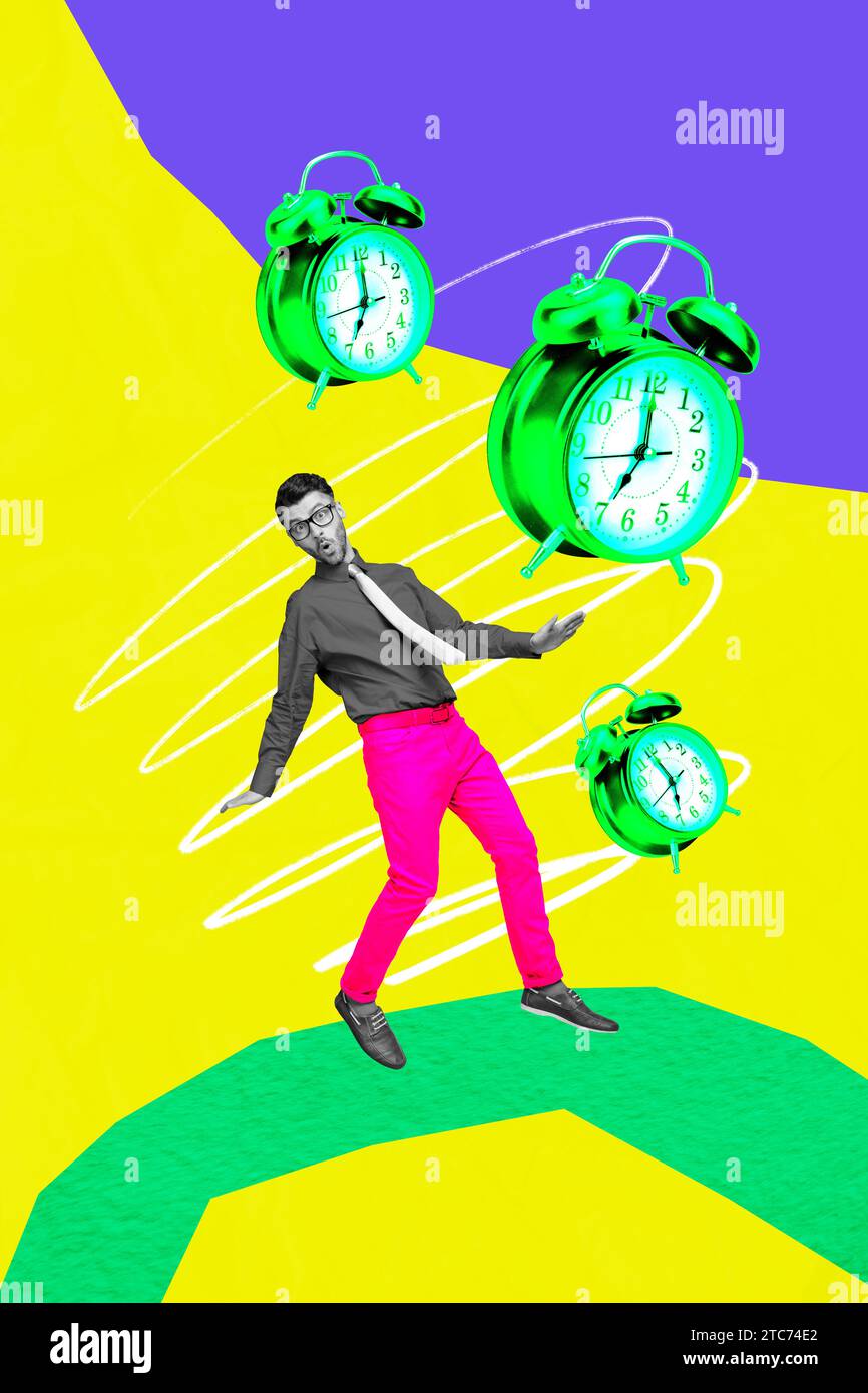 Artwork collage picture of impressed funky guy listening timers ringing ...