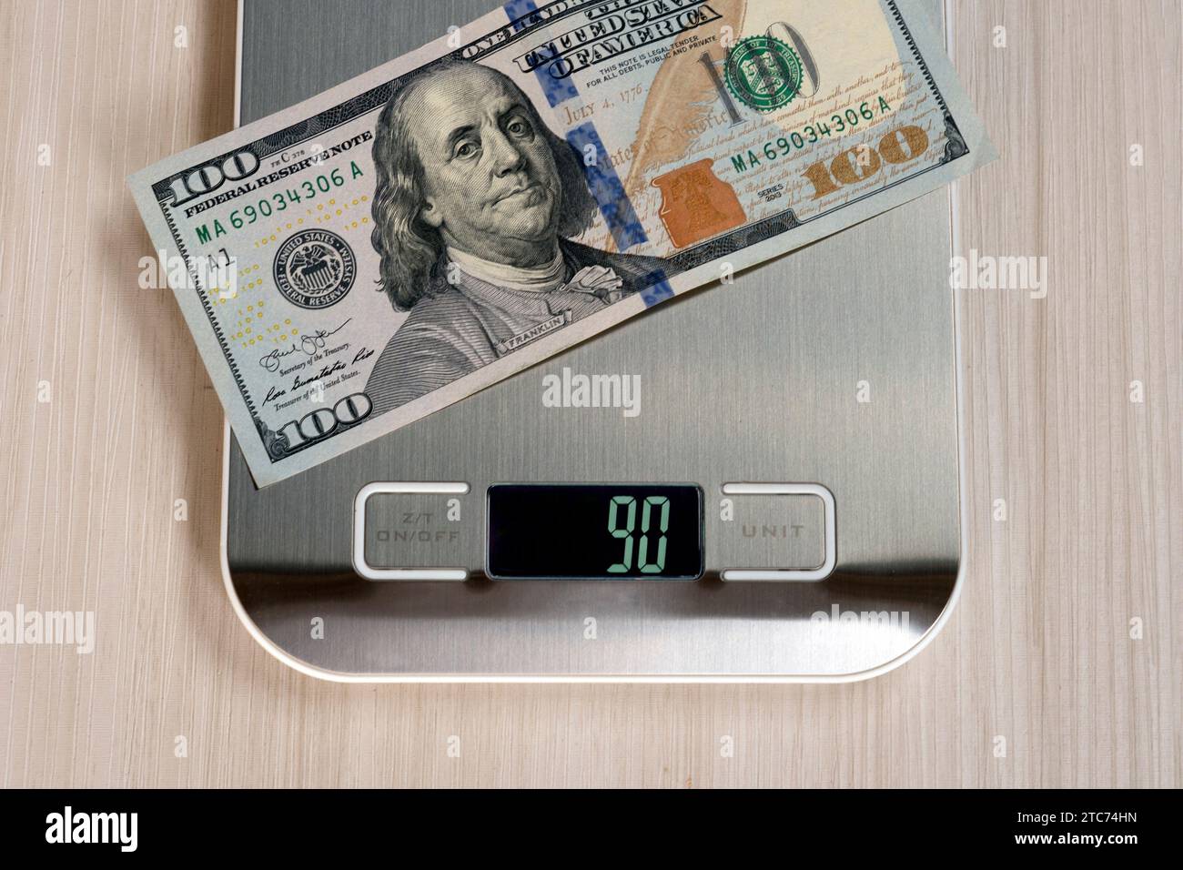 Dollar bills on the electronic scales, a symbol of cost reduction ...