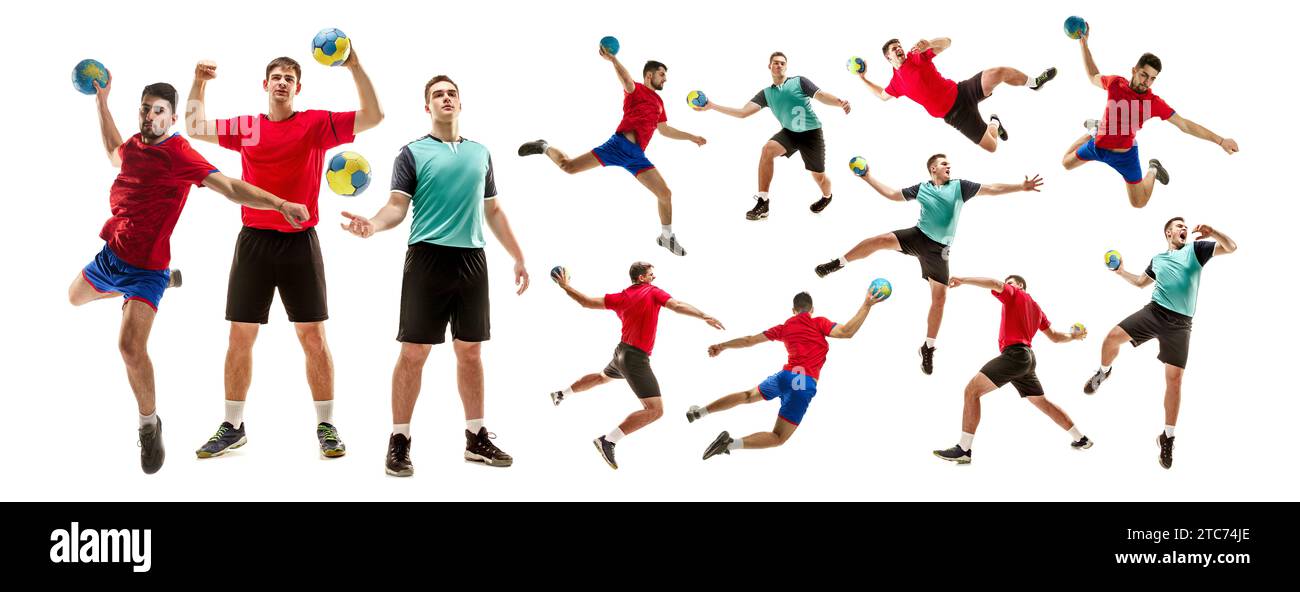 Young man, professional handball player in uniform playing, training ...