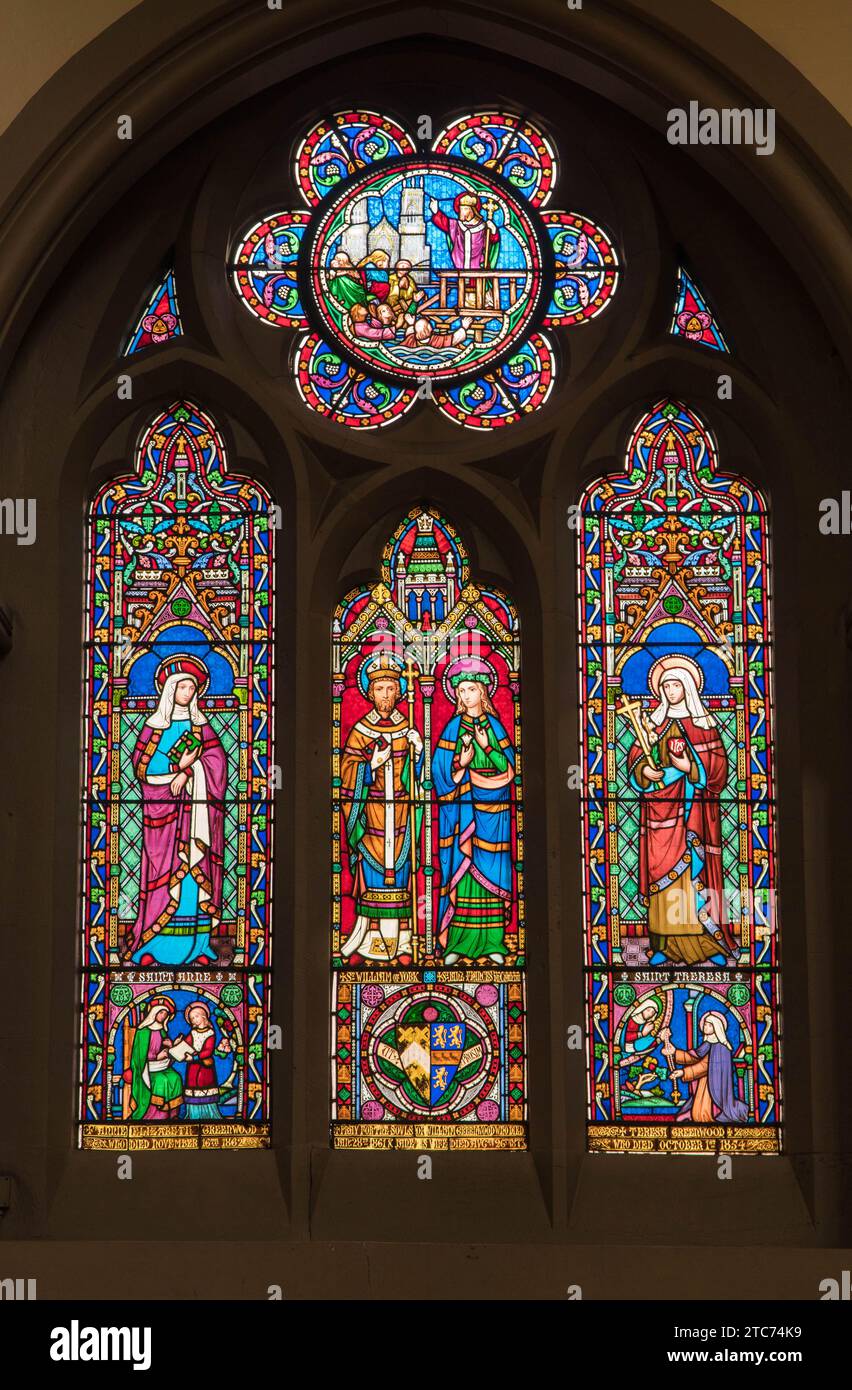 Stained glass depicting St Anne (left) St William of York and St Jane ...