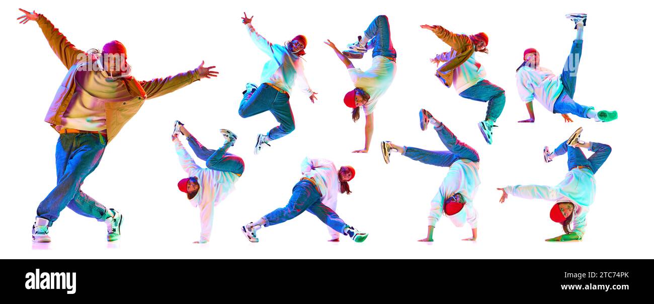 Man in sport style cloths dancing breakdance, hip hop isolated over ...