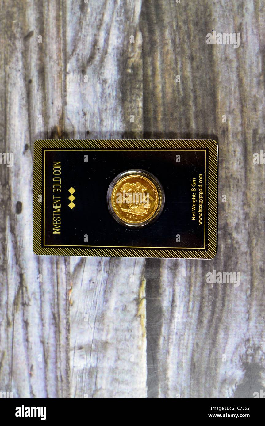 Cairo, Egypt, December 12 2023: The sovereign is a British gold coin ...