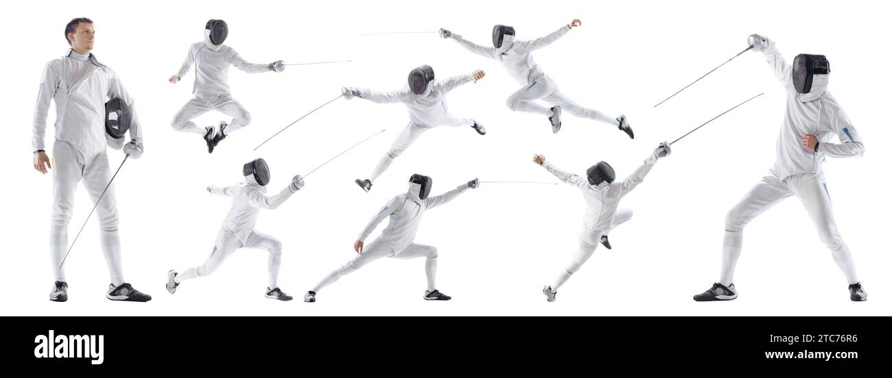 Young man in uniform and helmet, fighting with sword in fencing costume ...