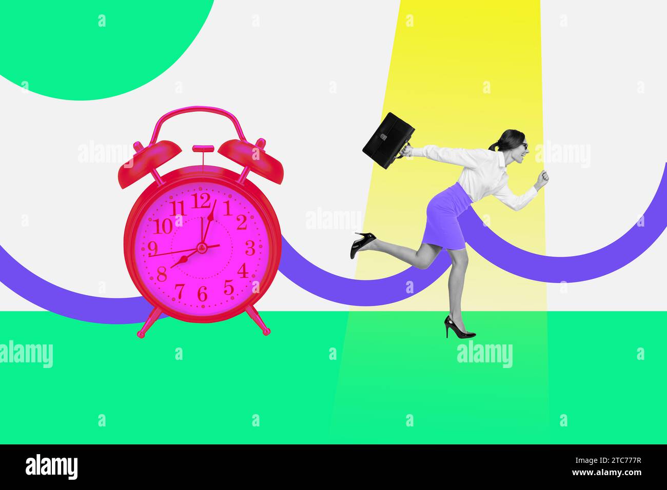 Collage illustratiion young attractive business suitcase lady running ...