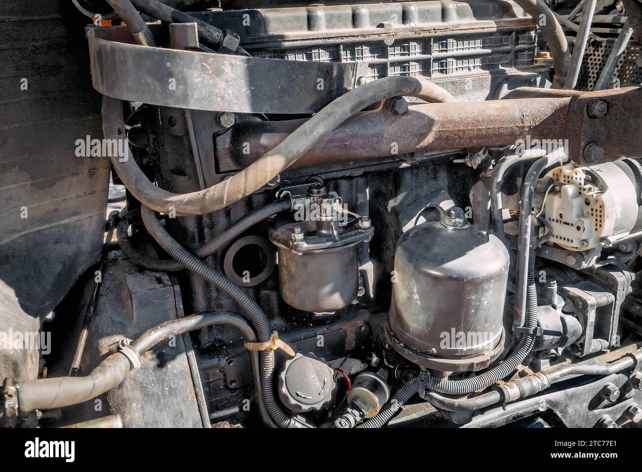 Old tractor engine close-up. Worn out engine in full frame. Background ...
