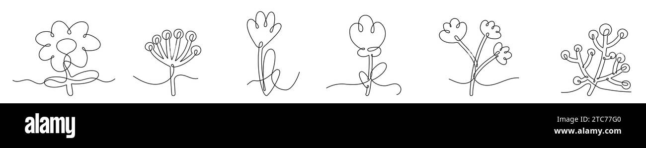 Continuous editable line drawing of flowers set. One line drawing ...