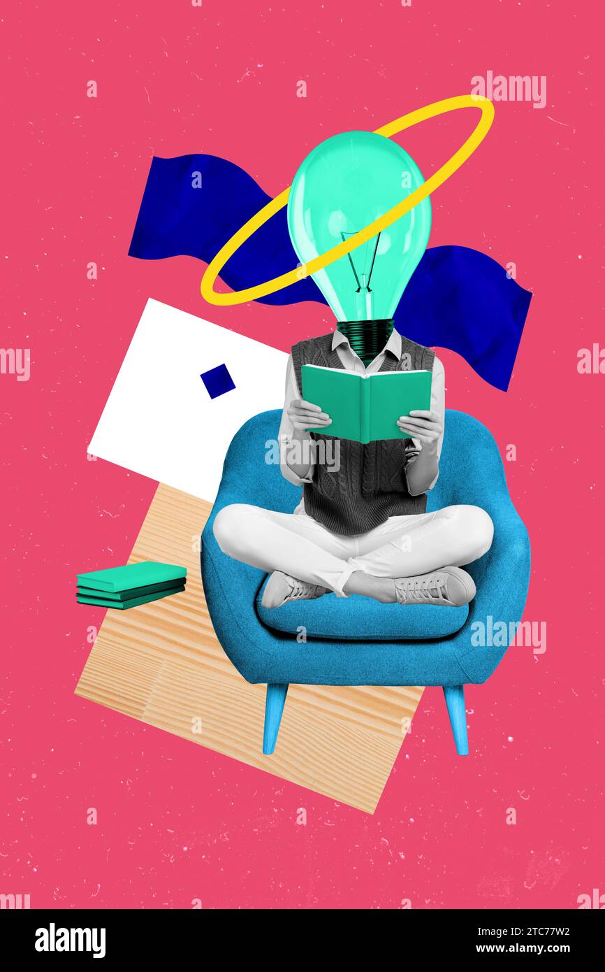 Vertical collage illustration light bulb instead female head student ...