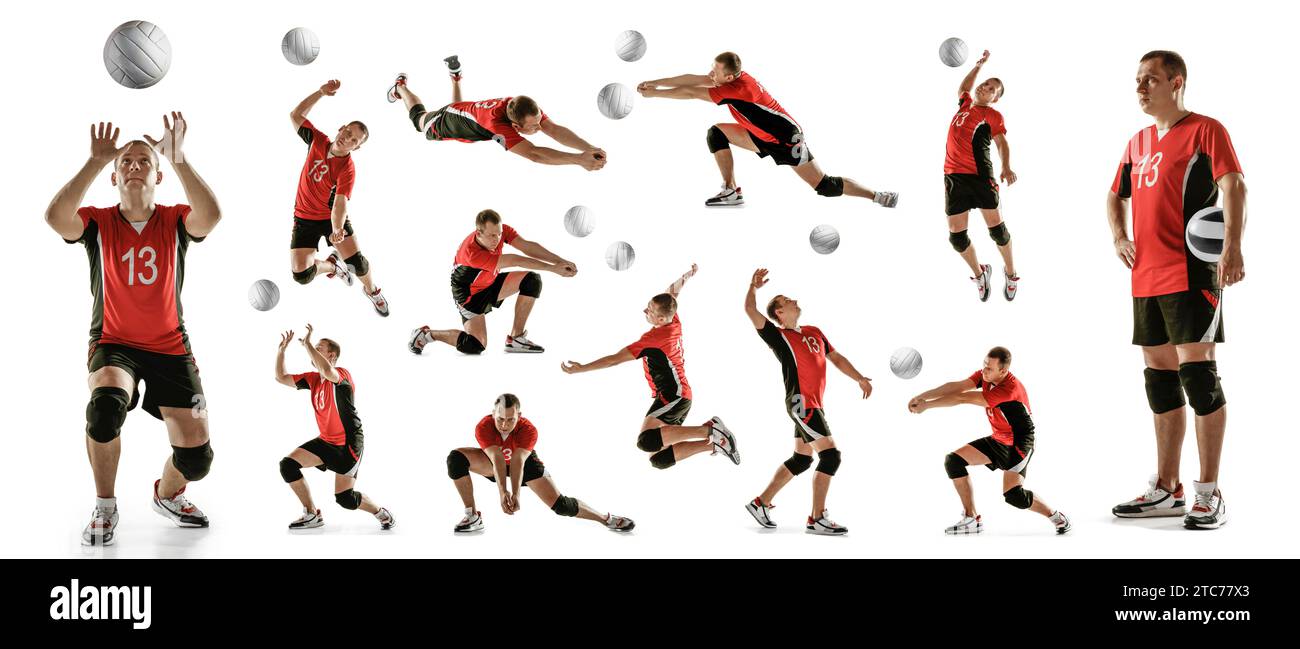 Dynamic images of man, volleyball player in motion during game isolated ...