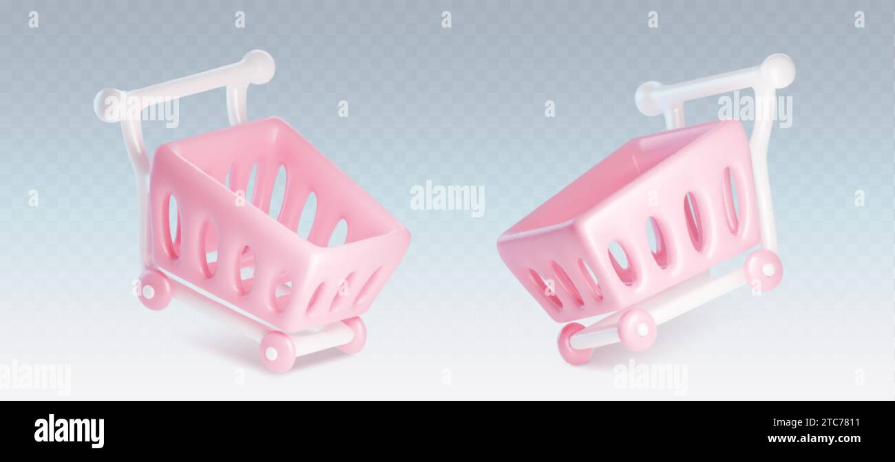 3D shopping carts for supermarket purchases. Cartoon vector pastel pink ...