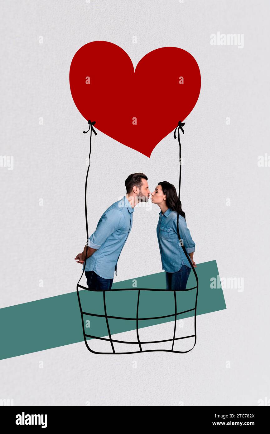 Composite collage image of cute couple kiss air balloon flying ...