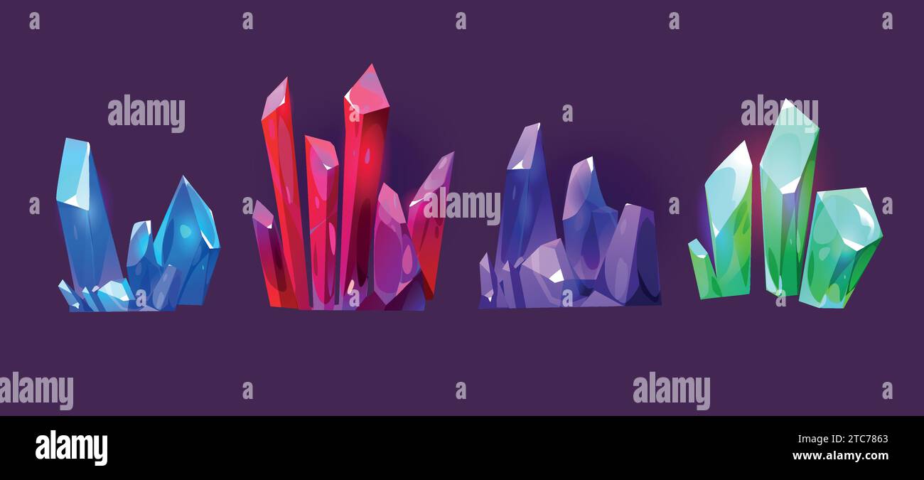 Set of gem stone crystals isolated on black background. Vector cartoon ...