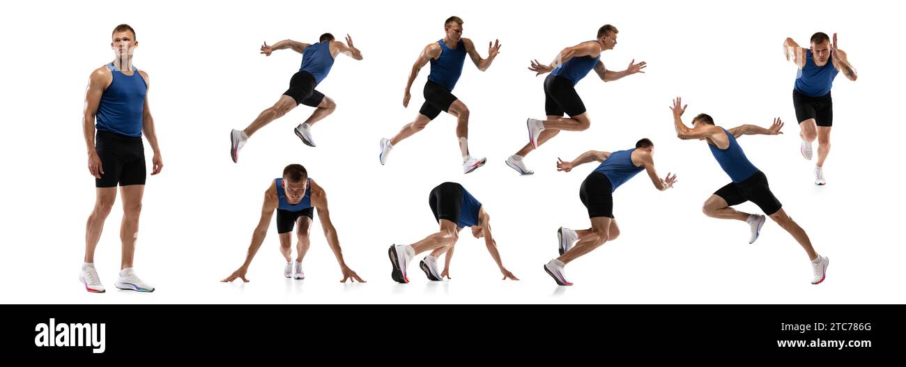 Muscular man, running athlete in different poses isolated over white ...