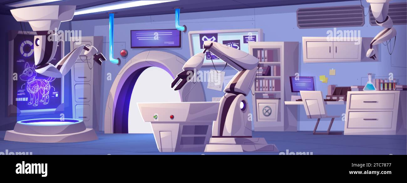 Cartoon lab technology interior vector background. Laboratory robot ...