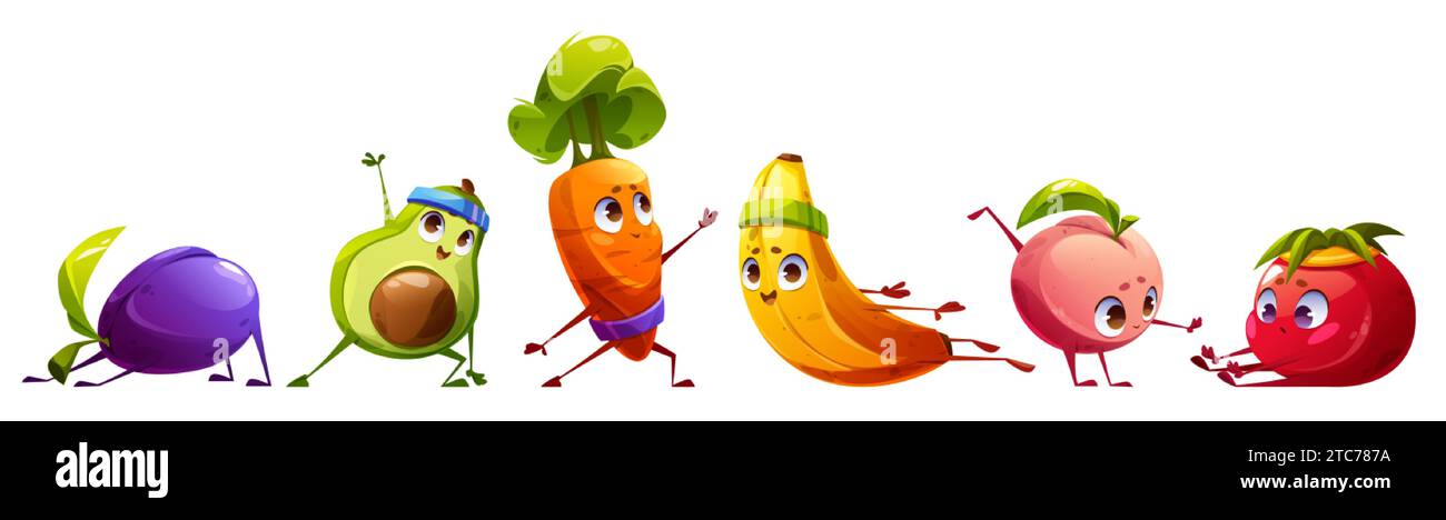 Cute fruit character exercise vector illustration. Funny food healthy ...
