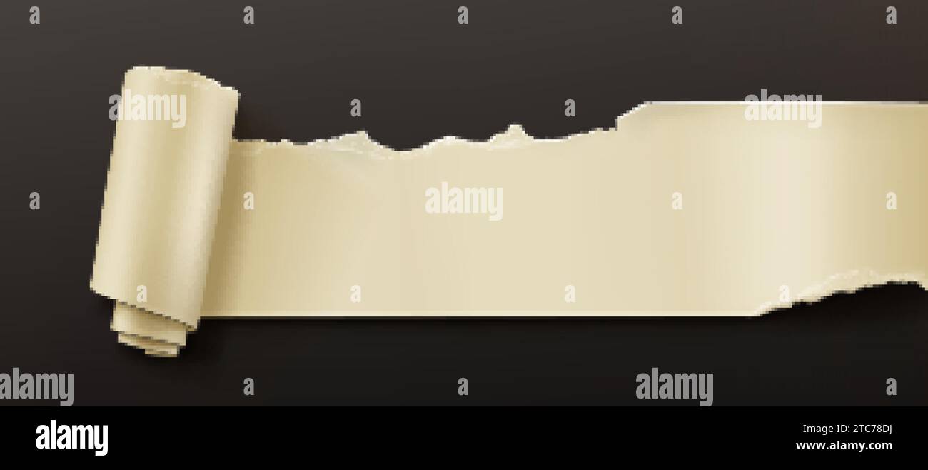 Rolled paper strip with uneven torn edge isolated on black background ...