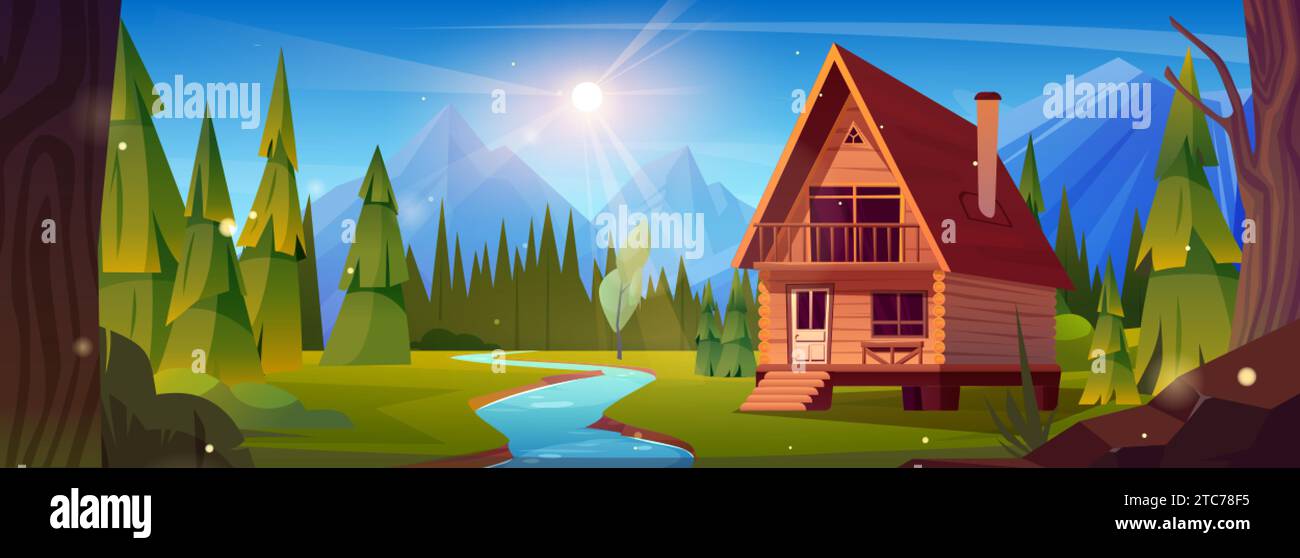 Wooden log house near mountain river. Vector cartoon illustration of ...