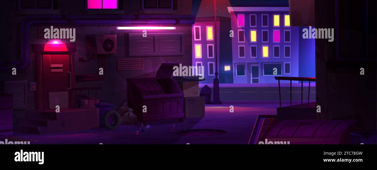 Night dark city alley street cartoon background. Urban building with ...
