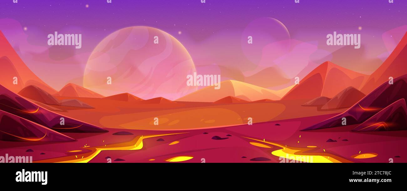Game alien planet landscape with red ground surface. Cartoon vector ...