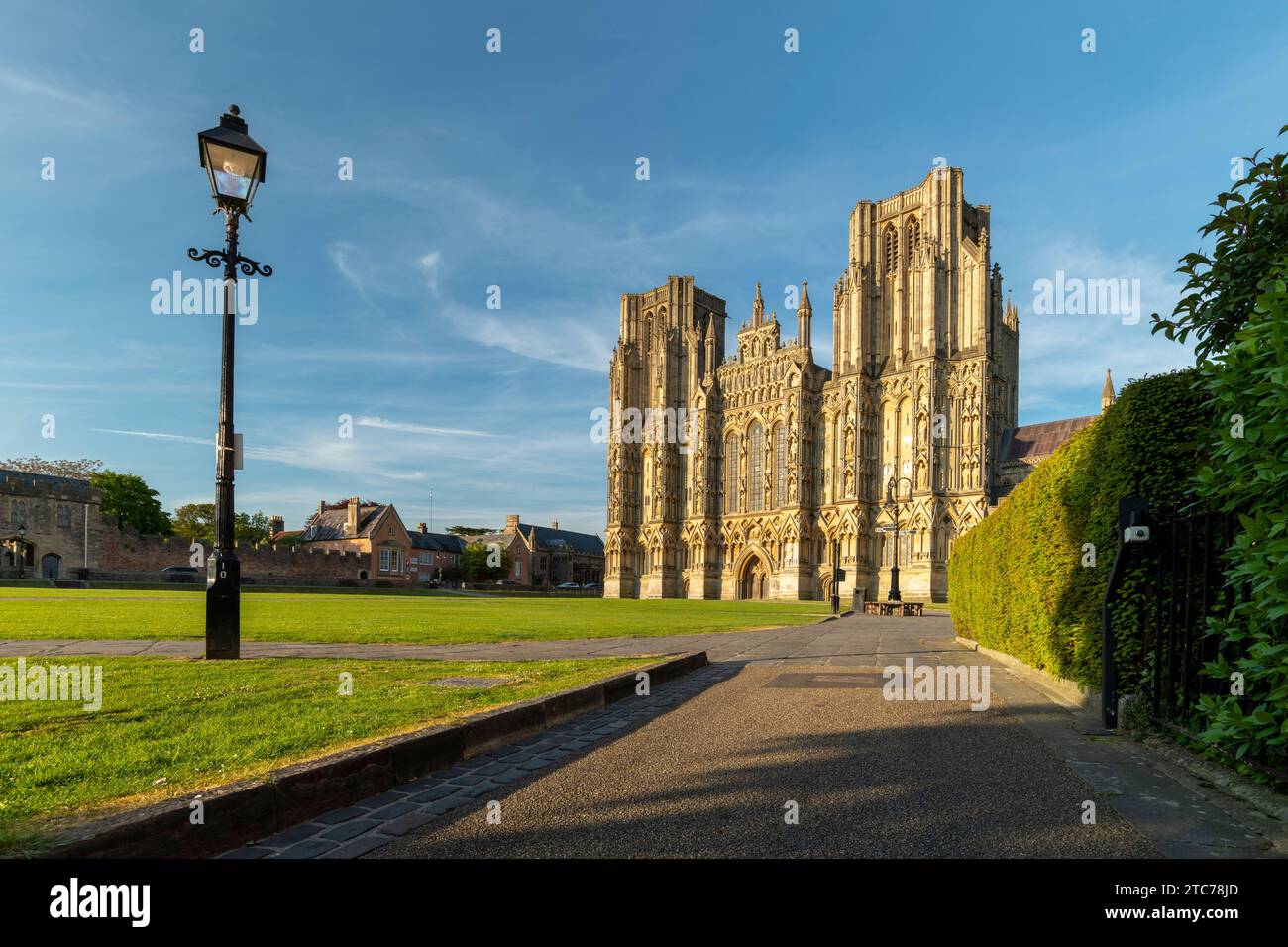 The magnificent west face of Wells Cathedral on a sunny Spring evening ...