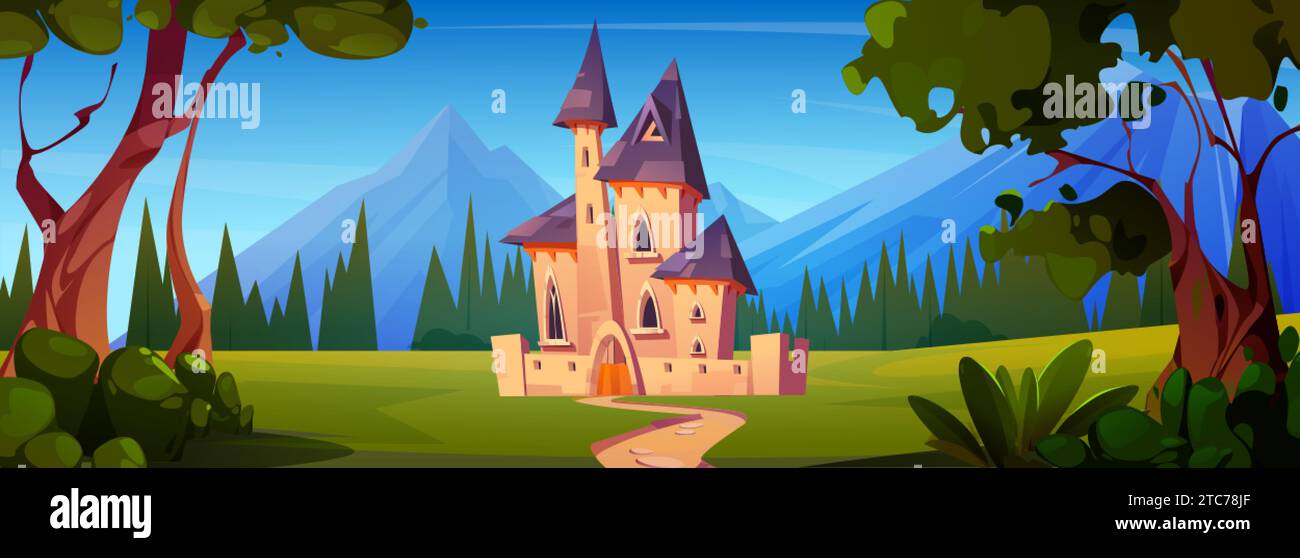 Medieval royal castle surrounded by forest with trees and rocky ...