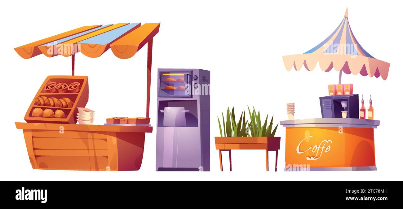 Street bakery and cafe stall set isolated on white background. Vector ...