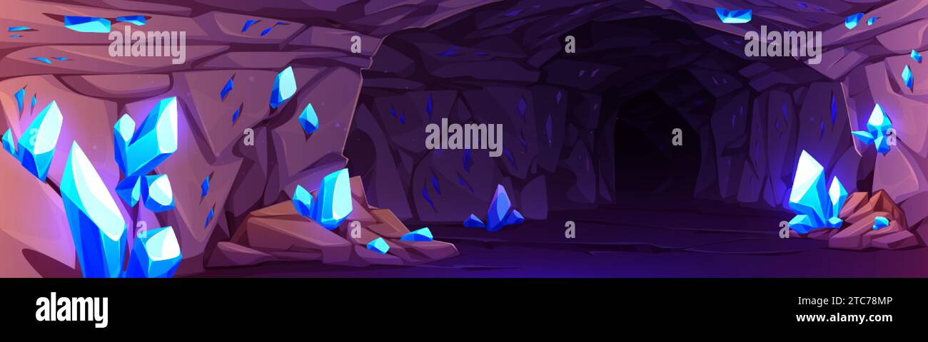 Crystal mine cave with treasure cartoon background. Fantasy underground ...