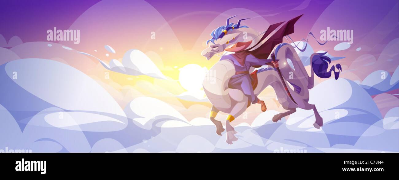 Rider on fantasy dragon in magic sky background. Sunrise chinese flying adventure in clouds ...