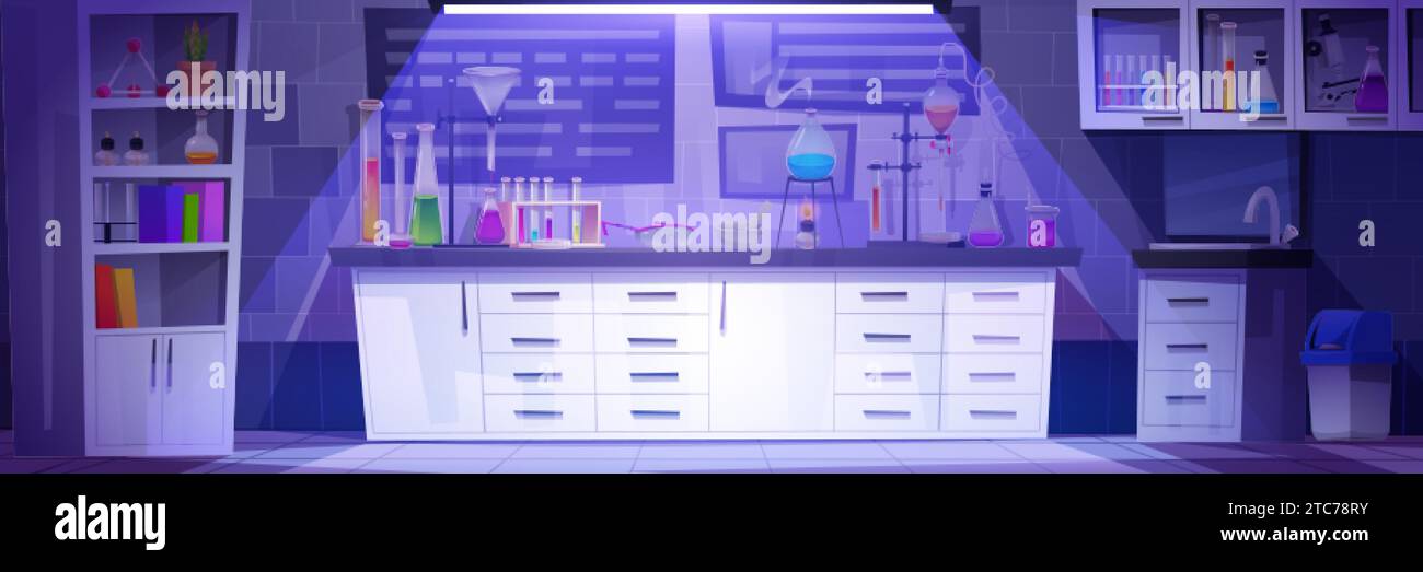 Night chemical laboratory interior with equipment. Vector cartoon ...