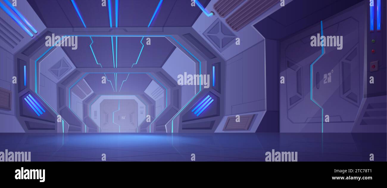 Futuristic spaceship metal door on ship interior background. 2d digital ...