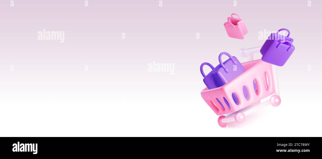 3D supermarket cart and shopping bags on blank banner background ...