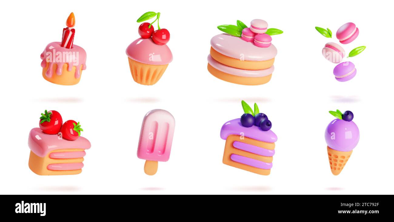 3D dessert icons isolated on white background. Vector realistic ...