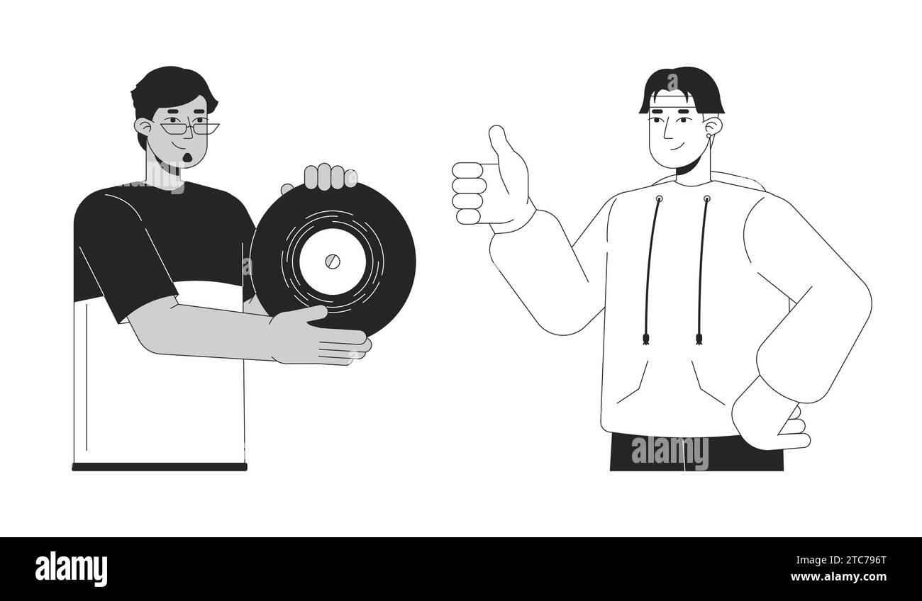 Best friends male retro enthusiasts diverse 2D linear cartoon ...